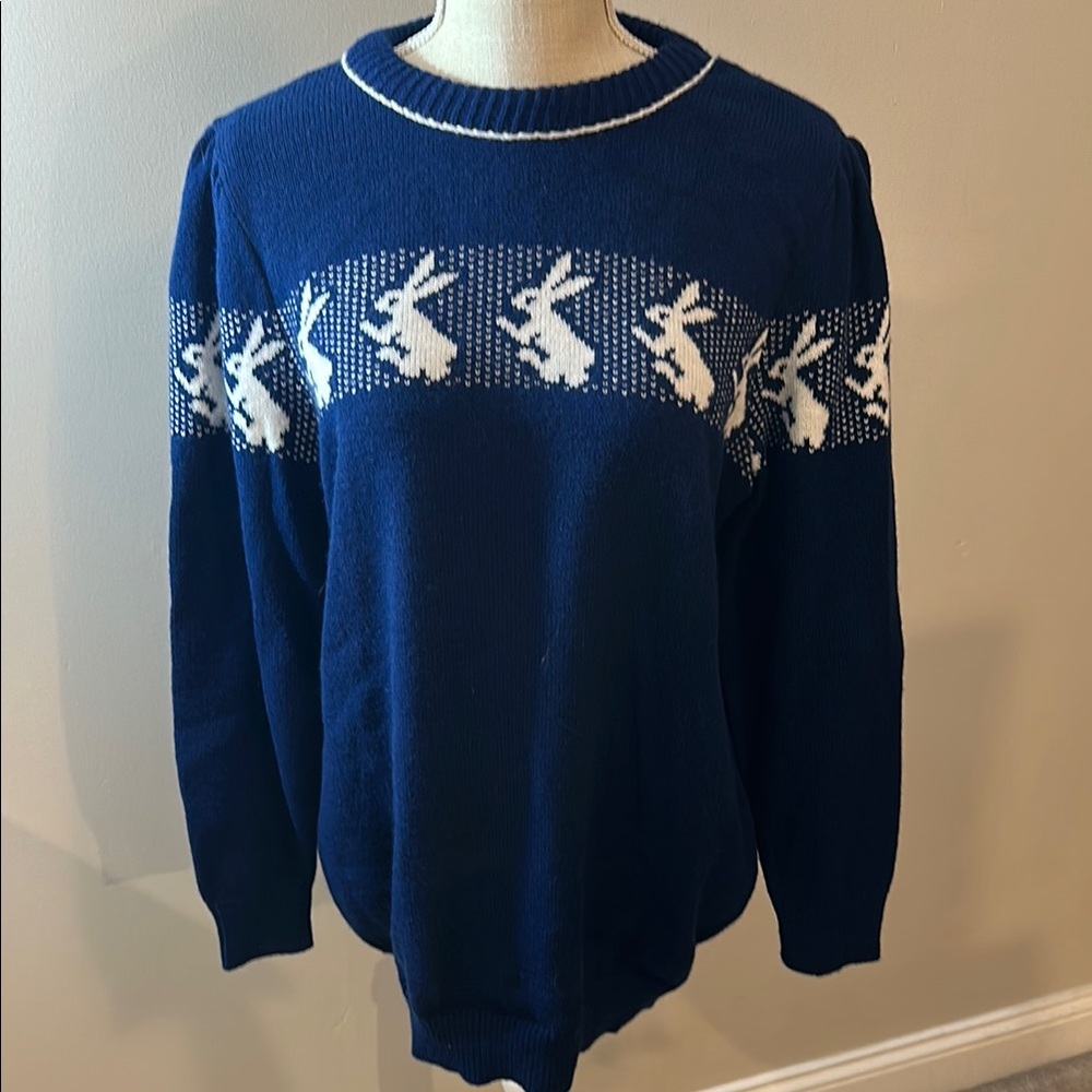 Navy Blue Sweater With White Rabbit Pattern - Gem